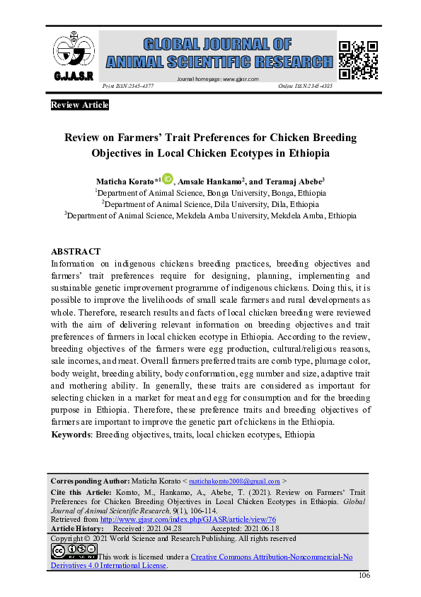 (PDF) Review on Farmers' Trait Preferences for Chicken Breeding Objectives in Local Chicken ...