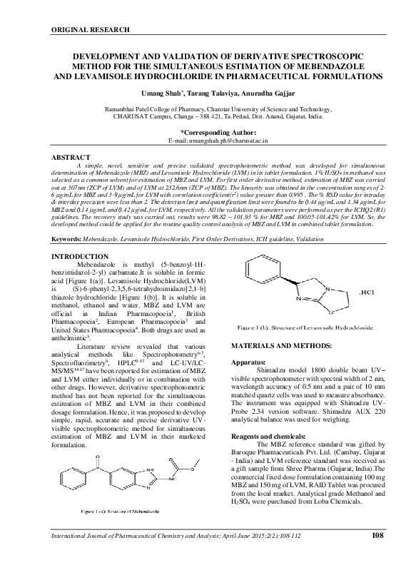 Pdf Development And Validation Of Derivative Spectroscopic Method For