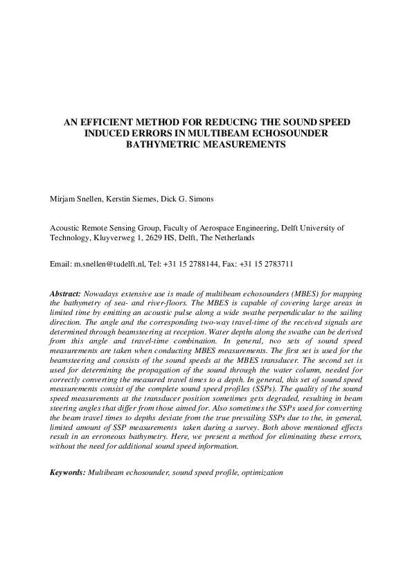 Pdf An Efficient Method For Reducing The Sound Speed Induced Errors In Multibeam Echosounder