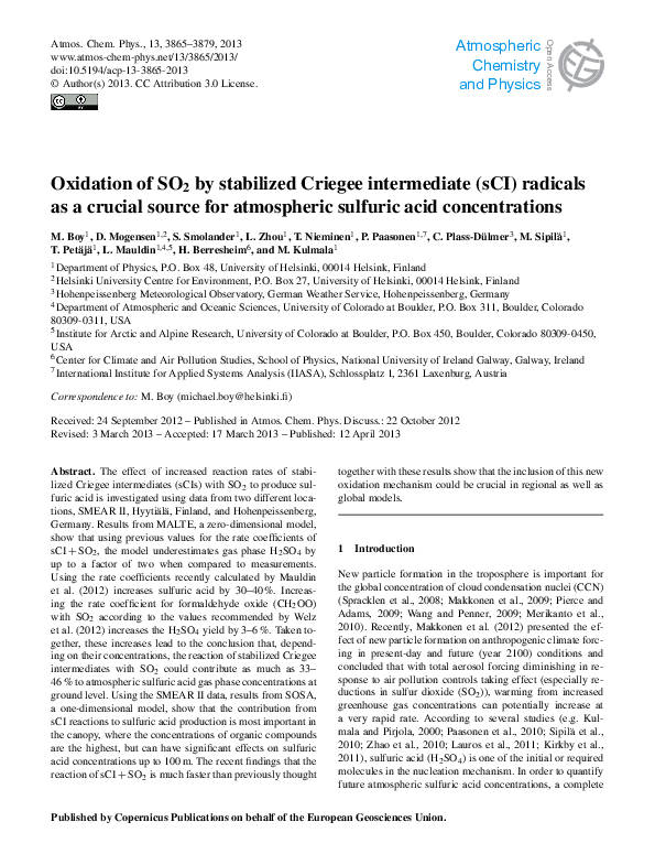 (PDF) Oxidation of SO 2 by stabilized Criegee intermediate (sCI ...