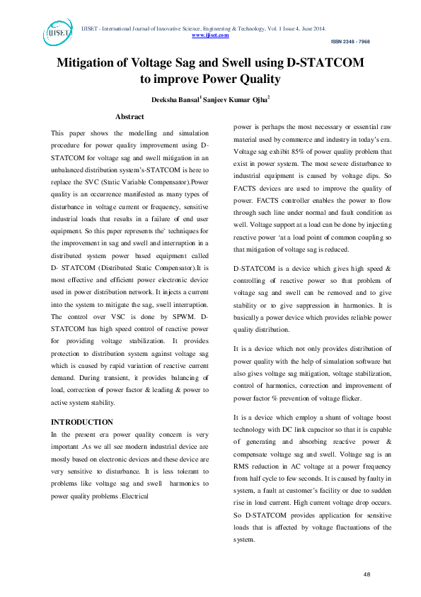 (PDF) Mitigation of Voltage Sag and Swell Using D-Statcom to Improve Power Quality