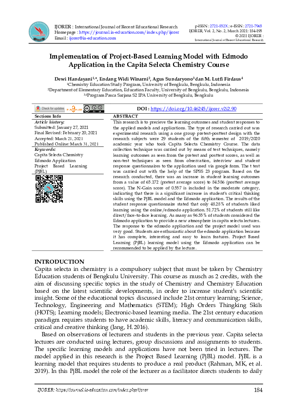 (PDF) Implementation of Project-Based Learning Model with Edmodo ...