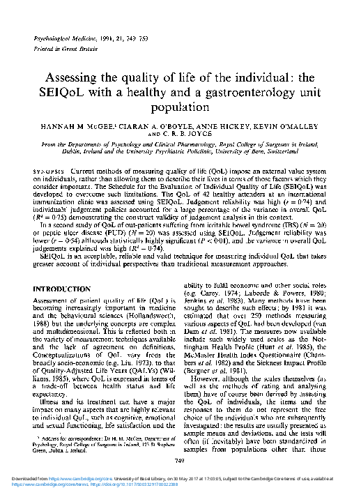 (PDF) Assessing the quality of life of the individual: the SEIQoL with ...