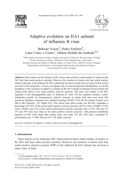 (PDF) Adaptive evolution on HA1 subunit of influenza B virus | Pedro Pechirra - Academia.edu