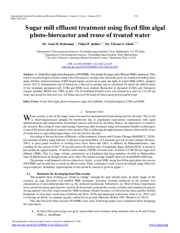 (PDF) Sugar mill effluent treatment using fixed film algal photo-bioreactor and reuse of treated ...