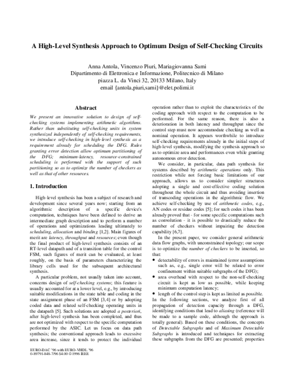 Pdf Optimum Design Of Self Checking Circuits