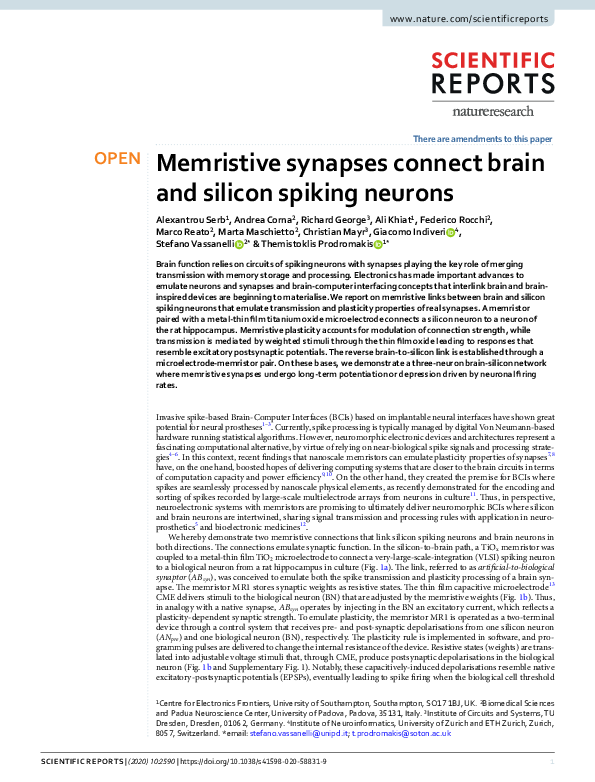 (PDF) Memristive synapses connect brain and silicon spiking neurons