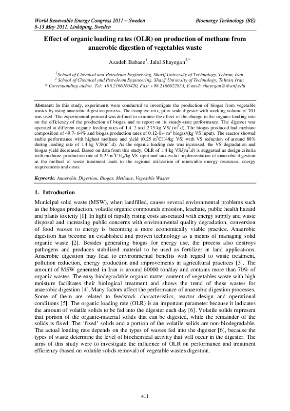 (PDF) Effect of Organic Loading Rates (OLR) on Production of Methane ...