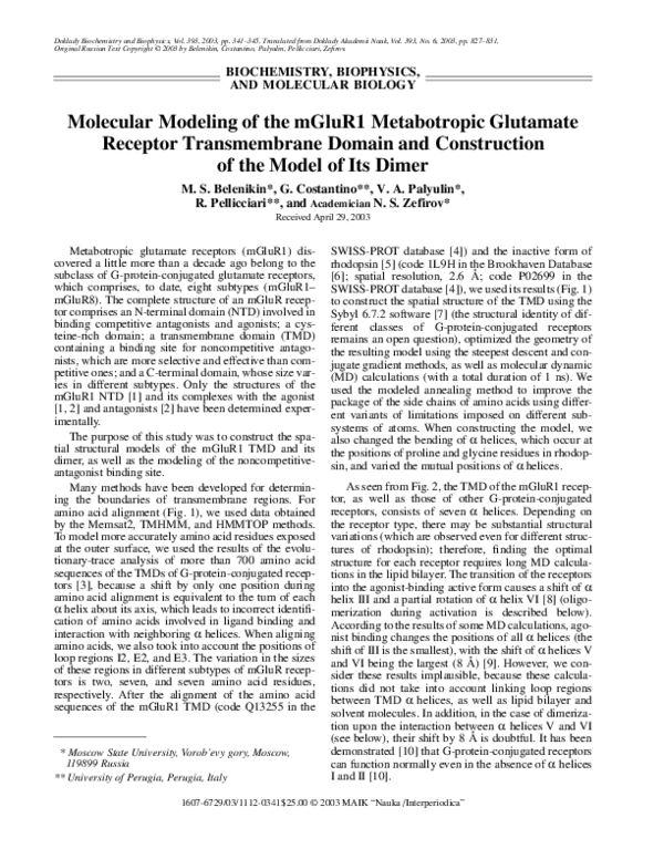 (PDF) Molecular Modeling of the mGluR1 Metabotropic Glutamate Receptor ...