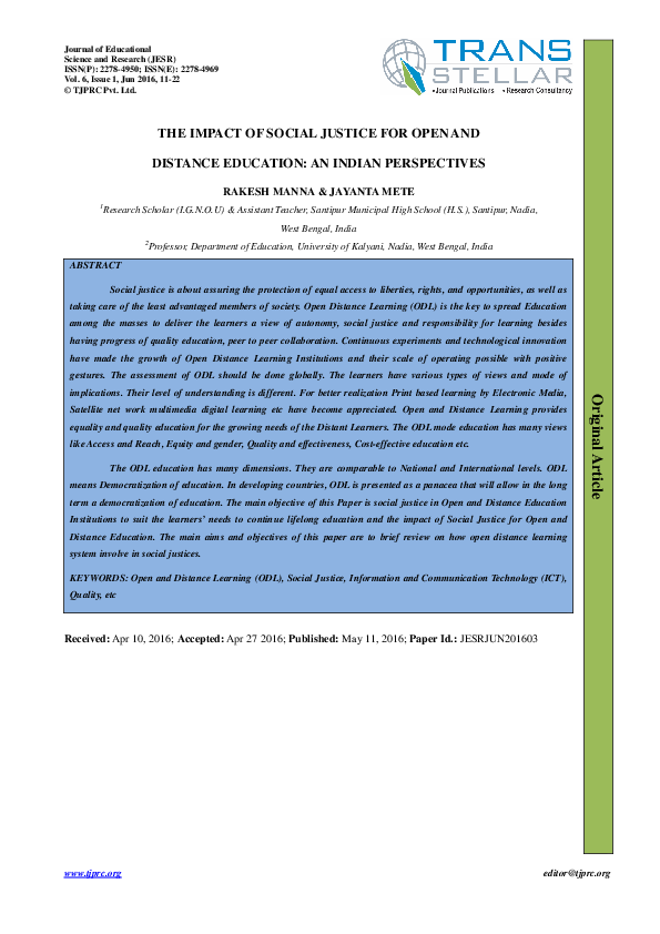 (PDF) The Impact of Social Justice for Open and Distance Education: An ...