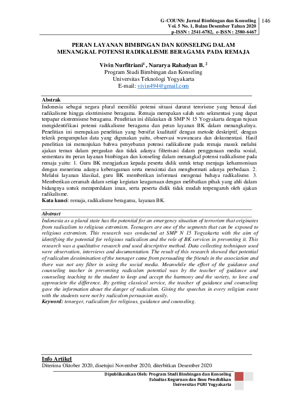 (PDF) Peran Layanan Bimbingan Dan Konseling Dalam Menangkal Potensi Radikalisme Beragama Pada Remaja