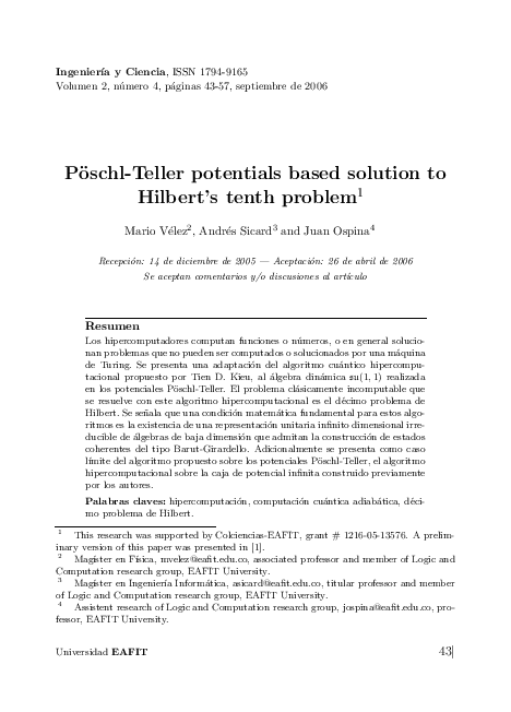 (PDF) Poschl-Teller potentials based solution to Hilbert's tenth problem