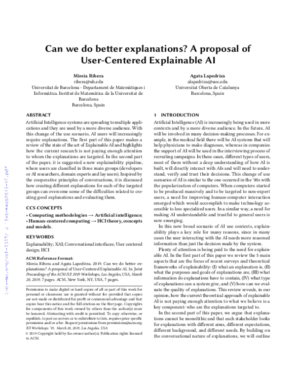 (PDF) Can we do better explanations? A proposal of user-centered explainable AI