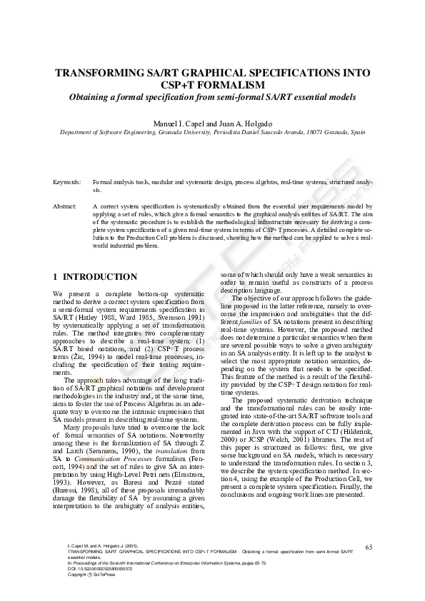 (PDF) TRANSFORMING SA/RT GRAPHICAL SPECIFICATIONS INTO CSP+T FORMALISM - Obtaining a formal ...
