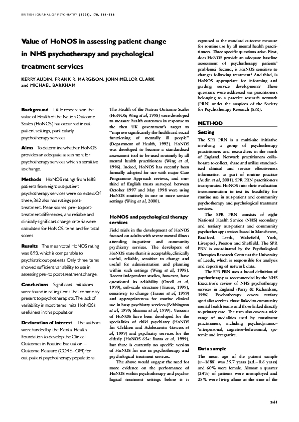(PDF) Value of HoNOS in assessing patient change in NHS psychotherapy ...