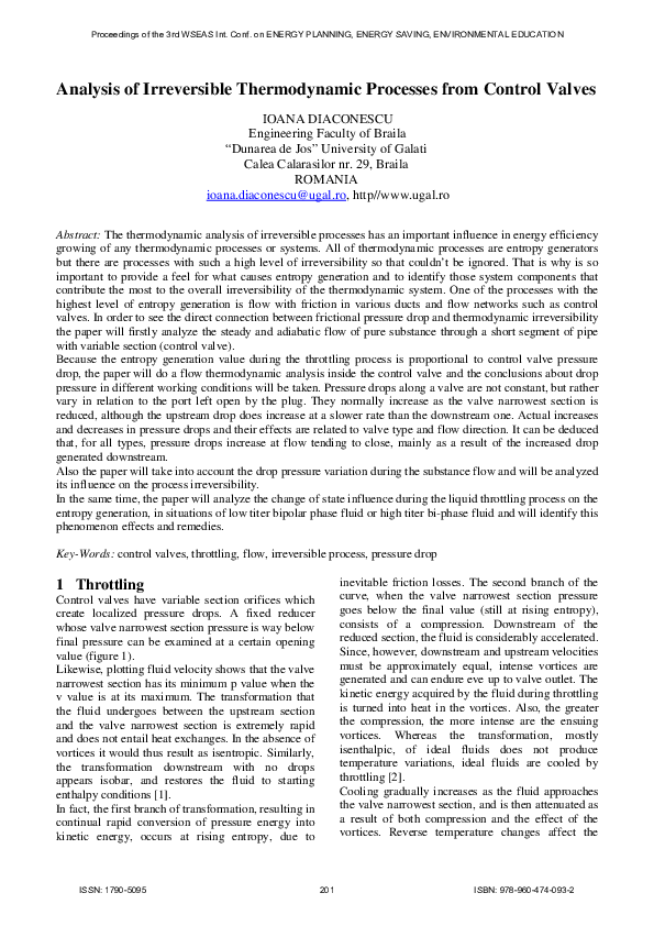(PDF) Analysis of Irreversible Thermodynamic Processes from Control Valves