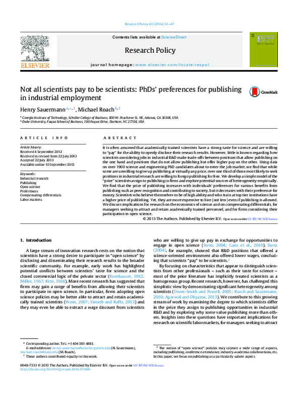 (PDF) Not all scientists pay to be scientists: PhDs’ preferences for ...