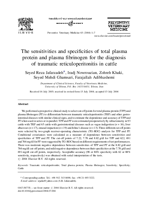 (PDF) The sensitivities and specificities of total plasma protein and ...