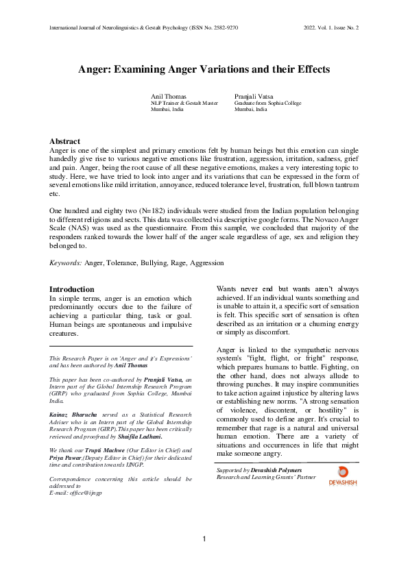 (PDF) Anger: Examining Anger Variations and their Effects