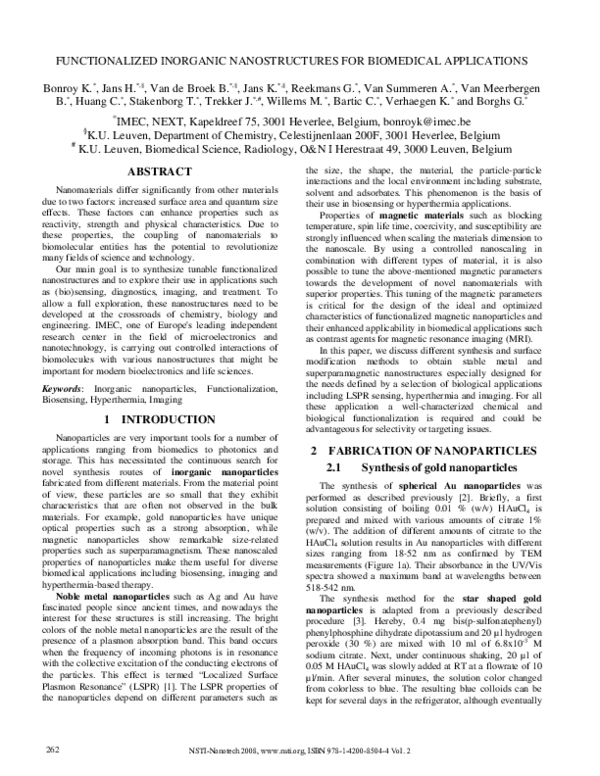 (PDF) Functionalized Inorganic Nanostructures for Biomedical Applications