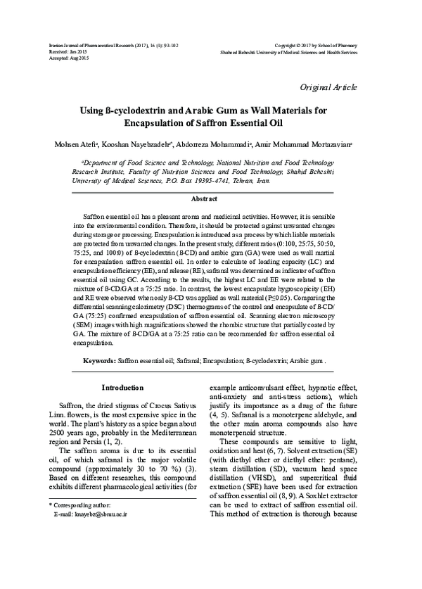 (PDF) Using ß-cyclodextrin and Arabic Gum as Wall Materials for ...
