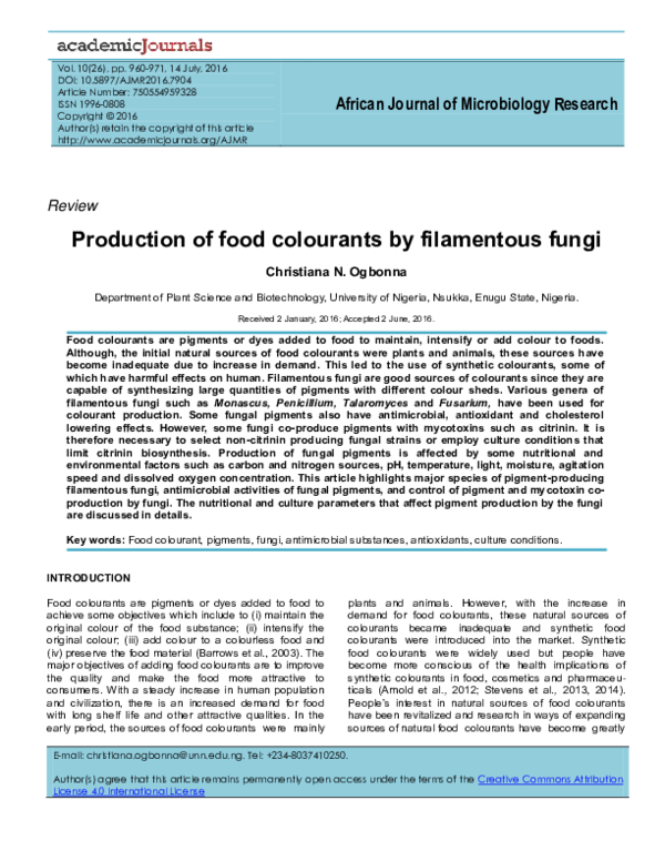 (PDF) Production of Pigments by Filamentous Fungi Cultured on Agro-Industrial by-Products Using ...