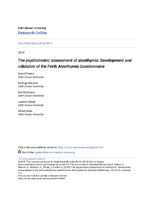 (PDF) The psychometric assessment of alexithymia: Development and ...