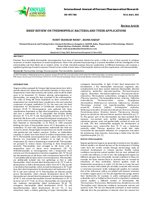 (PDF) Brief Review on Thermophilic Bacteria and Their Applications