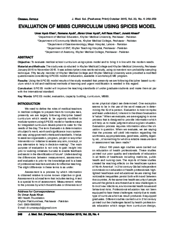 (PDF) Evaluation of MBBS Curriculum Using Spices Model
