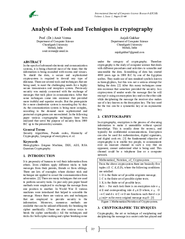 (PDF) Analysis of Tools and Techniques in cryptography