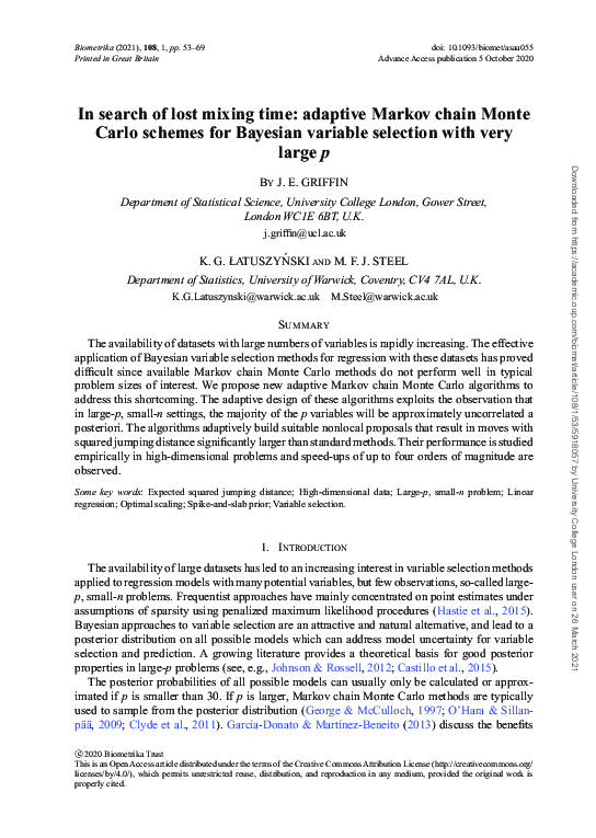 (PDF) In search of lost mixing time: adaptive Markov chain Monte Carlo schemes for Bayesian ...