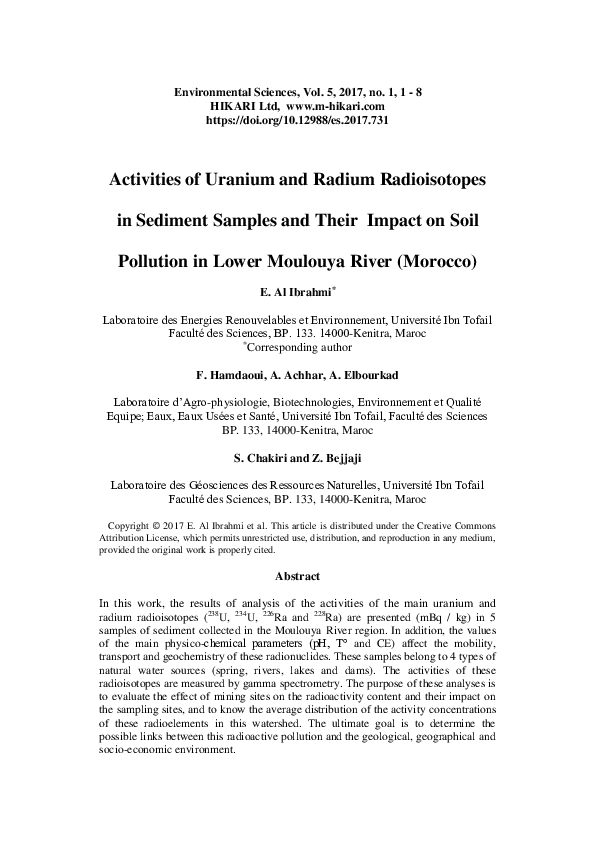 (PDF) Activities of uranium and radium radioisotopes in sediment samples and their impact on ...