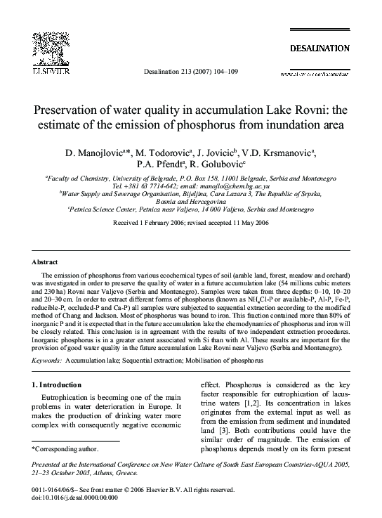 (PDF) Preservation of water quality in accumulation Lake Rovni: the ...