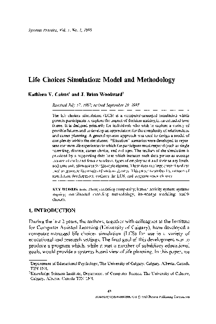 (PDF) Life choices simulation: Model and methodology