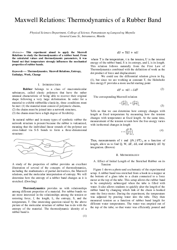 (PDF) Maxwell Relations: Thermodynamics of a Rubber Band