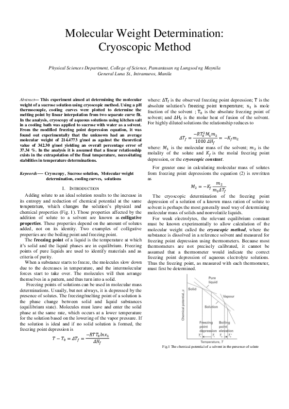 (PDF) Molecular Weight Determination, Cryoscopic Method