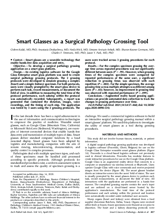 (PDF) Smart Glasses as a Surgical Pathology Grossing Tool | Sharon ...