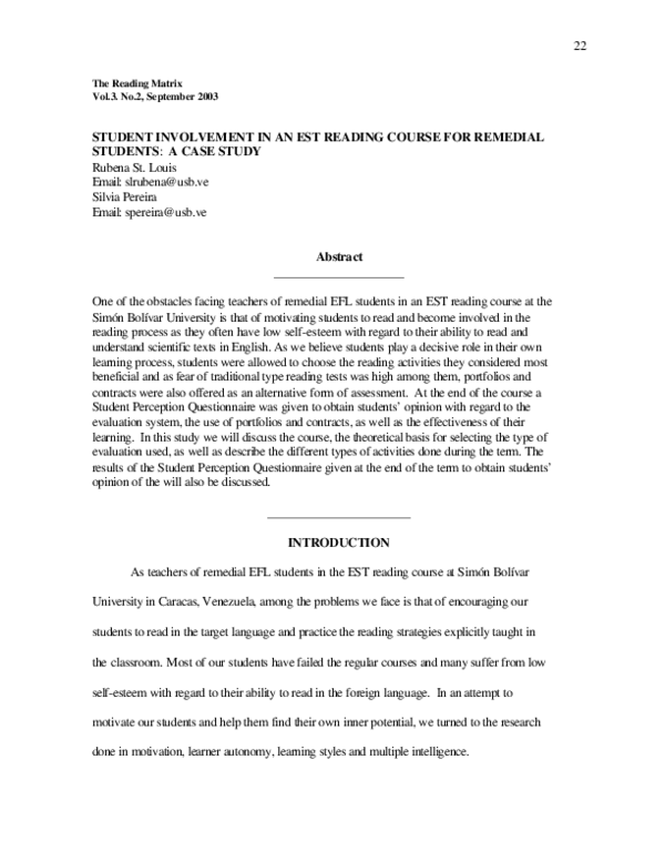 (PDF) Student Involvement in an Est Reading Course for Remedial ...