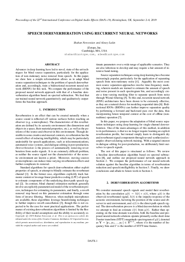 (PDF) Speech Dereverberation Using Recurrent Neural Networks