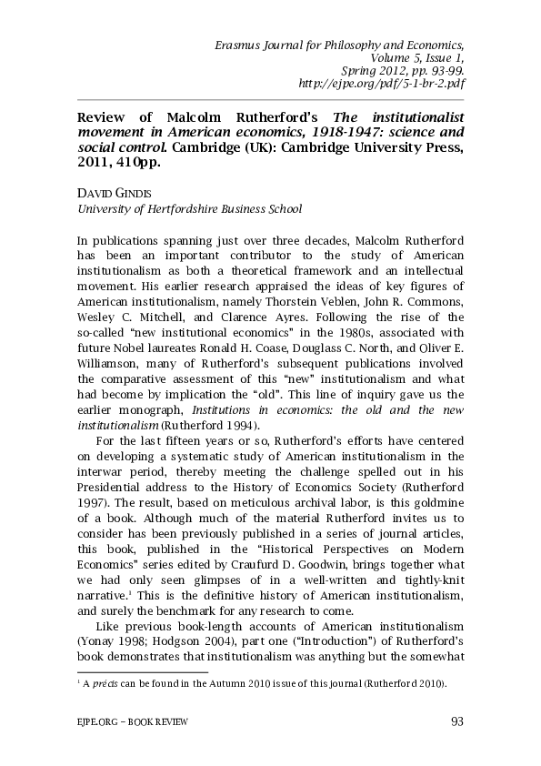 (PDF) Malcolm Rutherford's The institutionalist movement in American ...