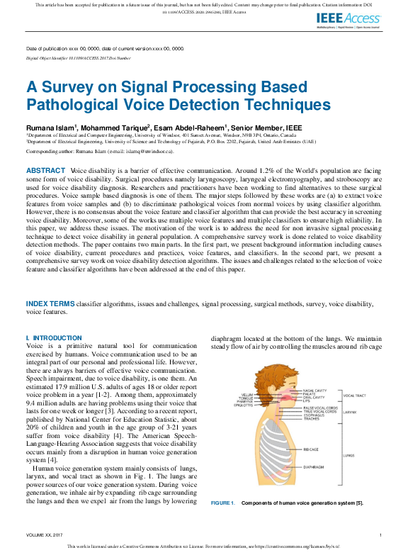 (PDF) A Survey on Signal Processing Based Pathological Voice Detection Techniques | Rumana Islam ...