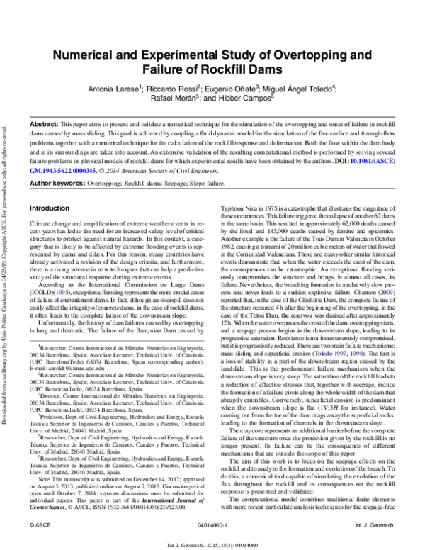 (PDF) Numerical and Experimental Study of Overtopping and Failure of Rockfill Dams
