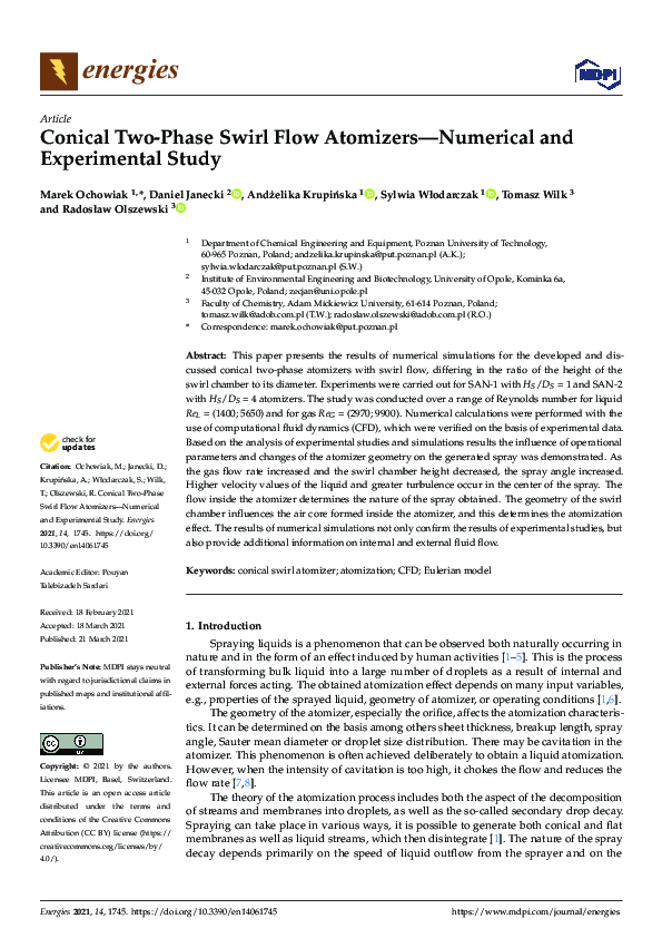 (PDF) Conical Two-Phase Swirl Flow Atomizers—Numerical and Experimental Study