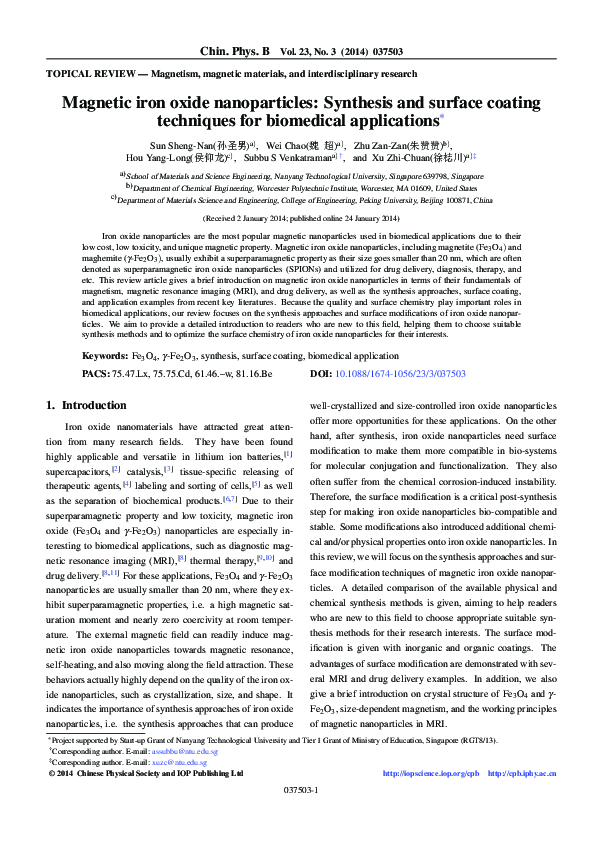 (PDF) Magnetic iron oxide nanoparticles: Synthesis and surface coating techniques for biomedical ...
