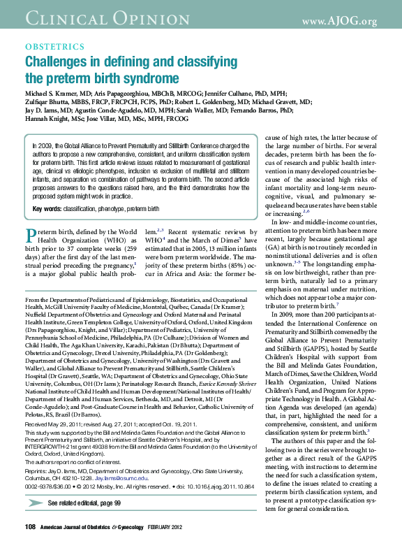 (PDF) Challenges in defining and classifying the preterm birth syndrome