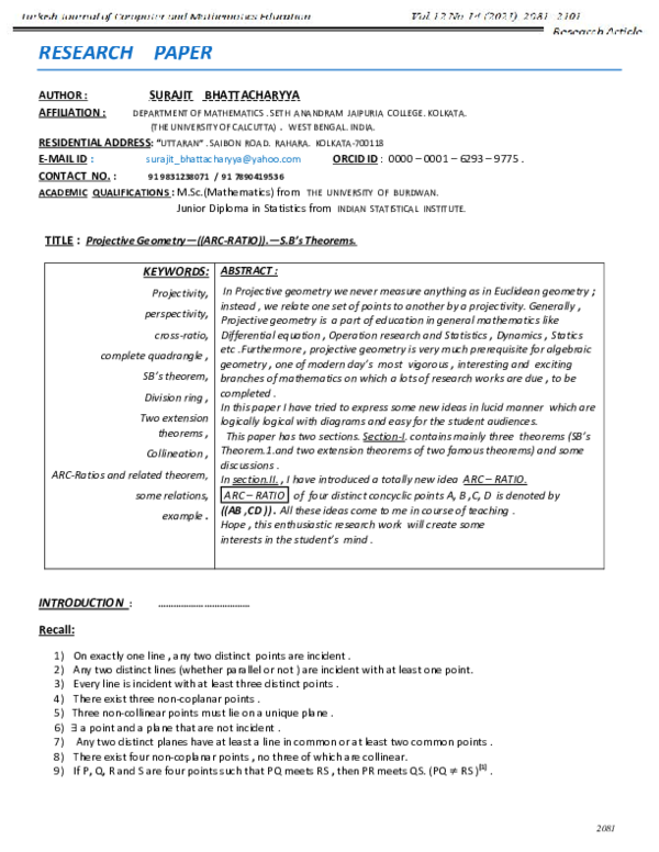 (PDF) Projective Geometry ((ARC RATIO )) S.B's theorem.