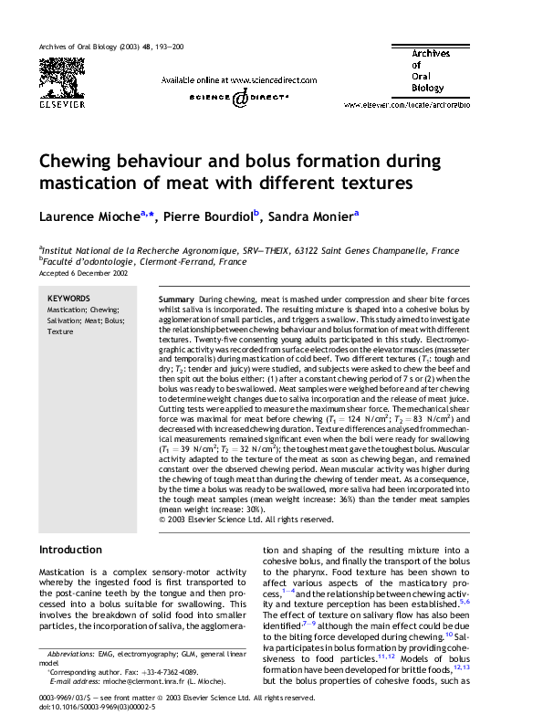 (PDF) Chewing behaviour and bolus formation during mastication of meat ...