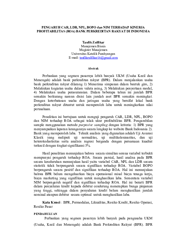 (PDF) PENGARUH CAR, LDR, NPL, BOPO dan NIM TERHADAP KINERJA PROFITABILITAS (ROA) BANK ...