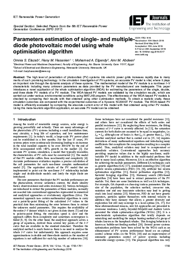 (PDF) Parameters estimation of single- and multiple-diode photovoltaic model using whale ...
