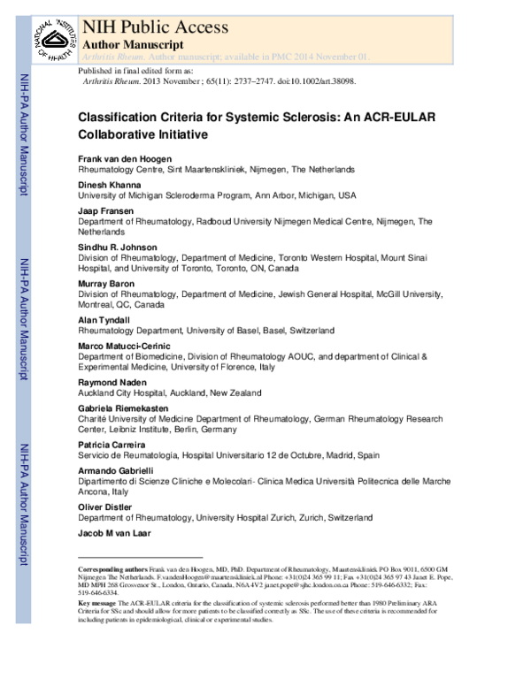 (PDF) Classification Criteria for Systemic Sclerosis: An ACR-EULAR ...